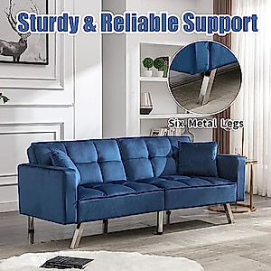 civama Futon Sofa Bed, Velvet 76" Twin Size Couch with 2 Pillows, 3-Seater 3 Angles Convertible Tufted Loveseat Sleeper for Living Room, Modern Upholstered Armrest Folding Futon, Blue, Metal Leg