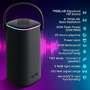 TREBLAB HD-Force - Portable Bluetooth Speaker - IPX6 Waterproof Speakers, Loud 60W Stereo Sound w/Bass, 25H Battery, TWS Mode, Powerbank, RGB LED Light - Wireless Speaker for Outdoor - Graphite