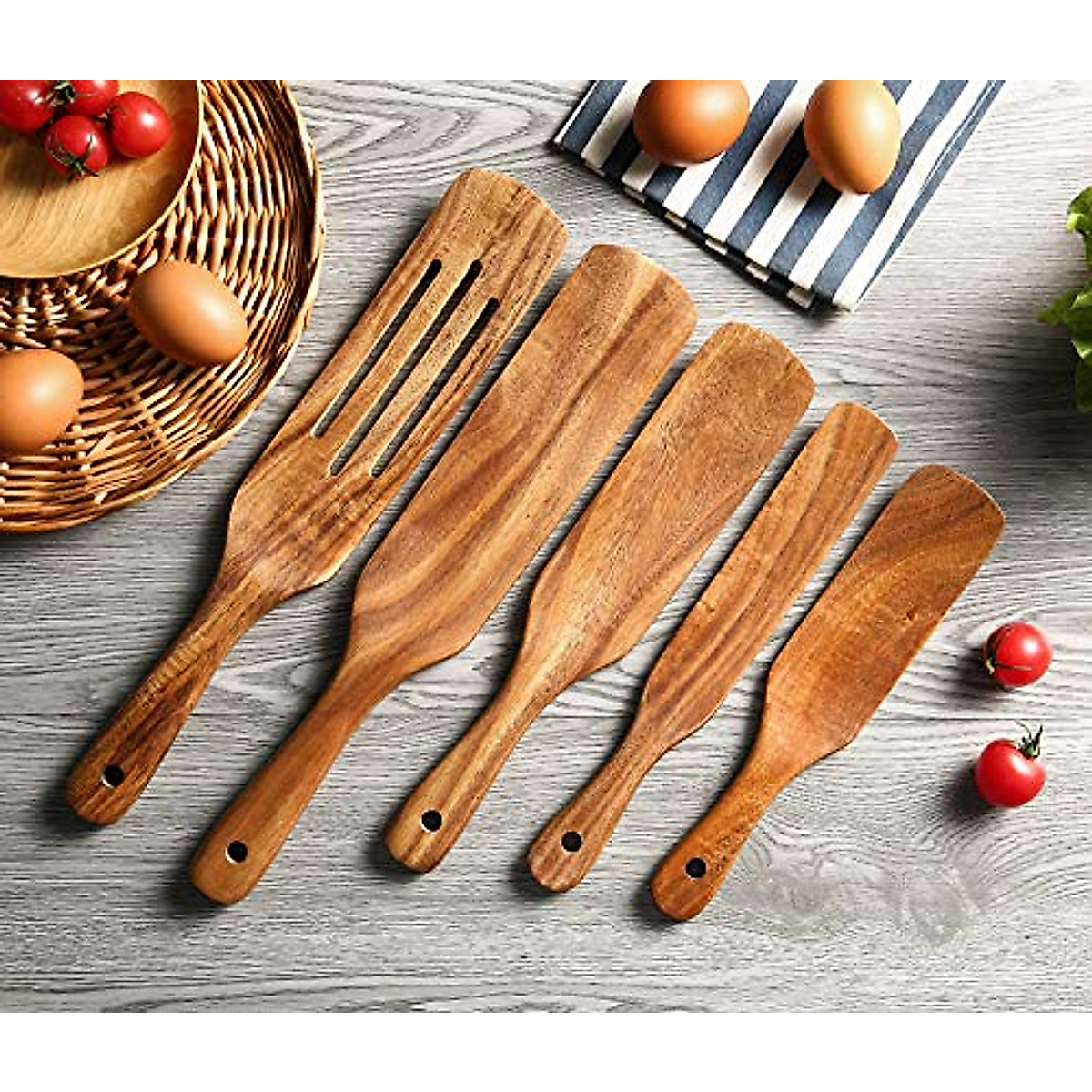 Wooden Cooking Utensils, NAYAHOSE 5 Pcs Natural Teak Kitchen Utensil Set Heat Resistant Non Stick Wood Cookware with Hanging Hole, Slotted Spurtle Spatula Sets for Stirring, Mixing, Serving