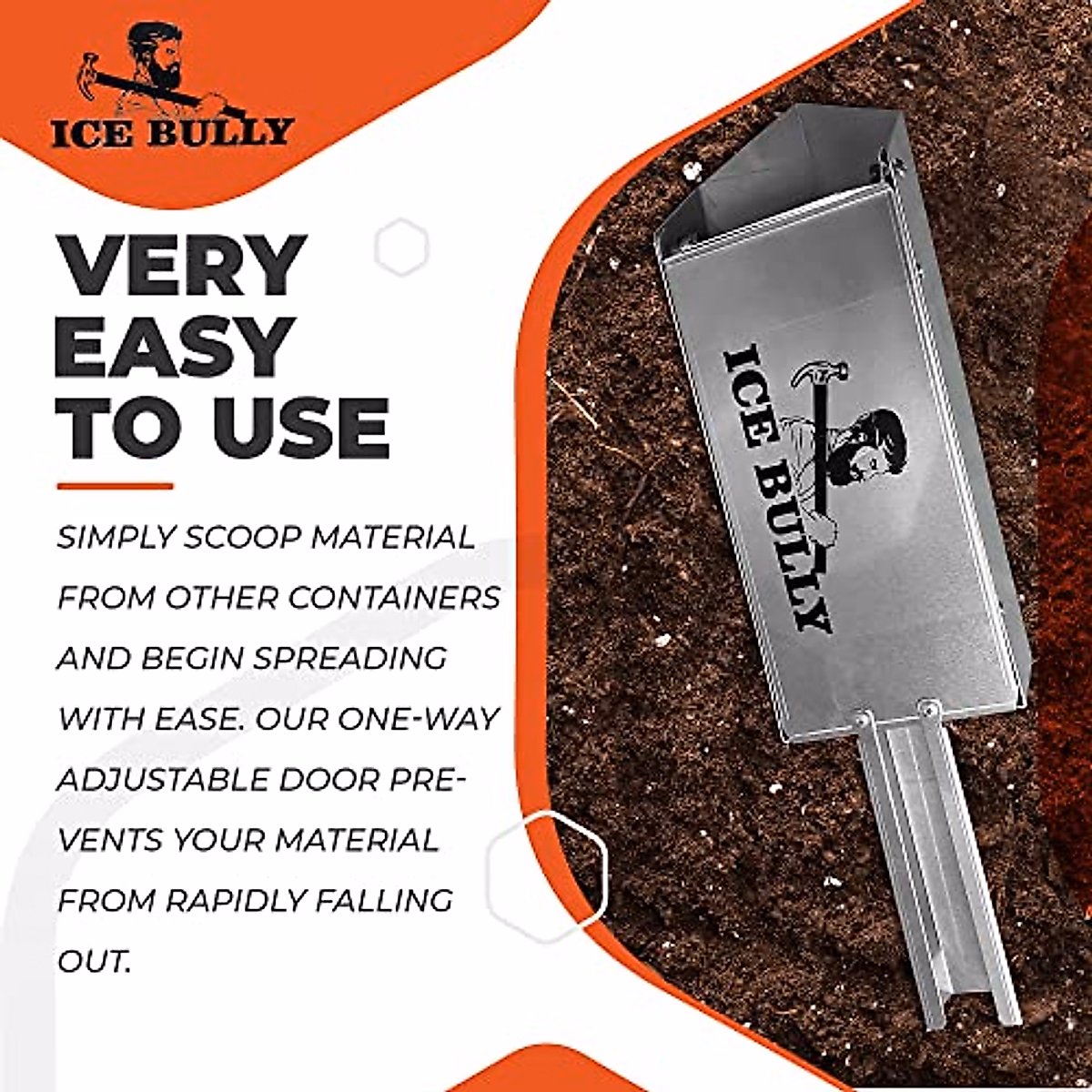 Ice Bully Handheld Spreader for Salt, Fertilizer, Feed, Seed and Sand Multi-Use Scoop Shaker to Easily Spread Snow and Ice Melt on Sidewalks, Walkways, Driveways and Parking Lots