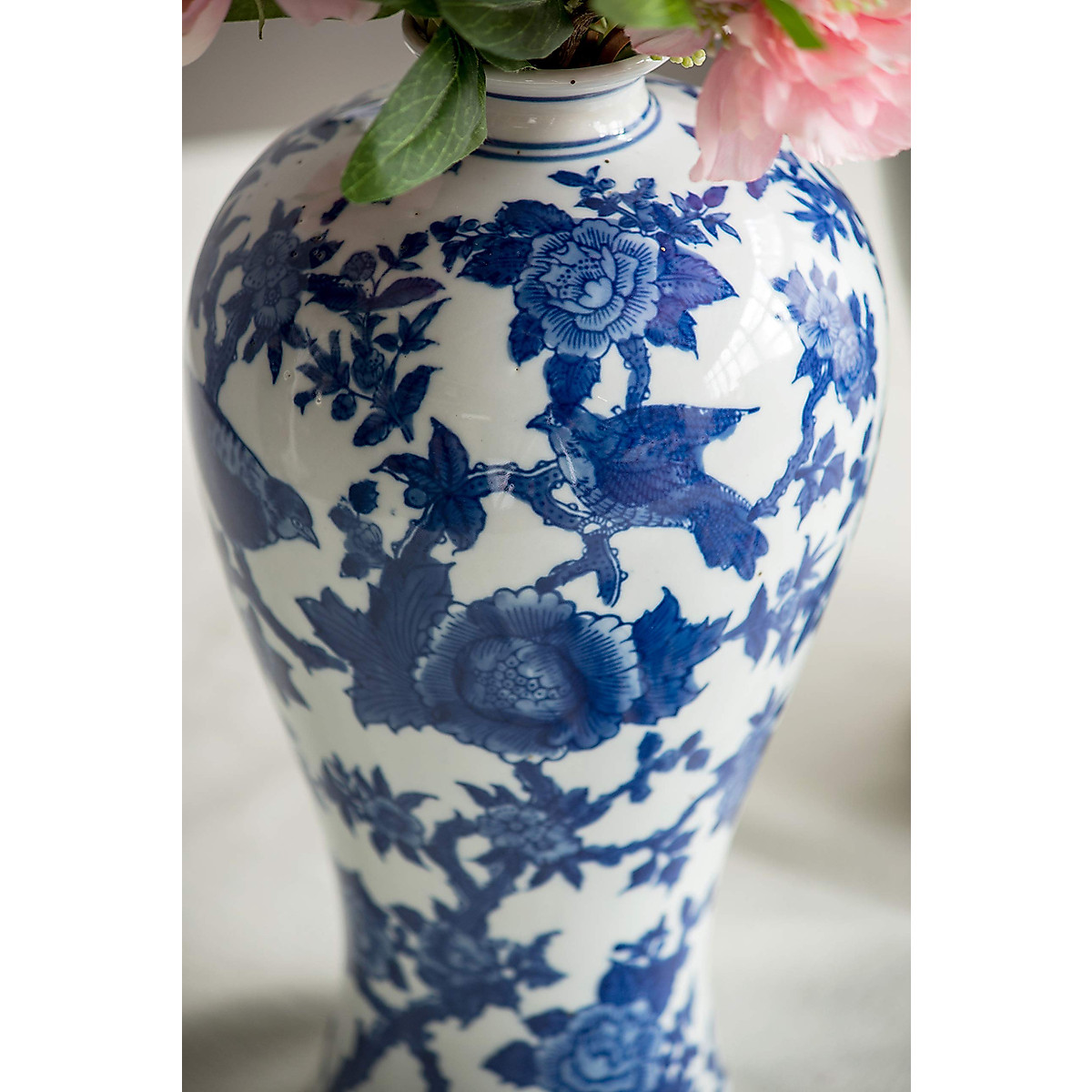A&B Home 13'' Blue White Porcelain Jar Flower Planter Pot Home Decor Vase Hand Painted Floral Print Tall Vase Asian Decorations