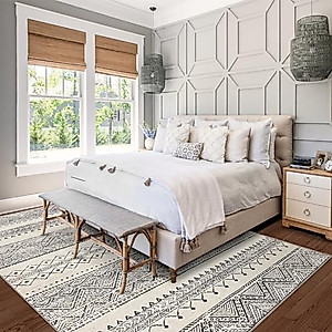 Area Rugs 9x12 Living Room: Large Machine Washable Rug with Non-Slip Backing Non Shedding Stain Resistant, Soft Geometric Moroccan Carpet for Dining Room Bedroom Nursery Home Office-Deep Gray/Cream