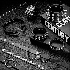 Cunno 13 Pcs Halloween Cool Steampunk Leather Choker Rock Gothic Necklace Bracelets Set Punk Spike Rivet Cuff Collar Chokers for Women Adjustable Girl Cosplay Night Club Party Gift(Simple Style)