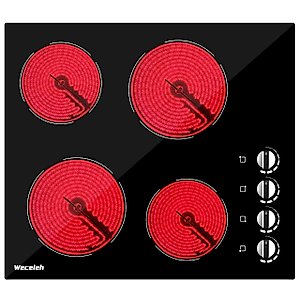 Weceleh Electric Cooktop 24 Inch 4 Burners, 24 Inch Electric Cooktop 4 Burner, Electric Stove Top 24 Inch, 24 Electric Cooktop Ceramic, Knob Control, Drop Built-In, Black, 220-240V, Glass, 6000W