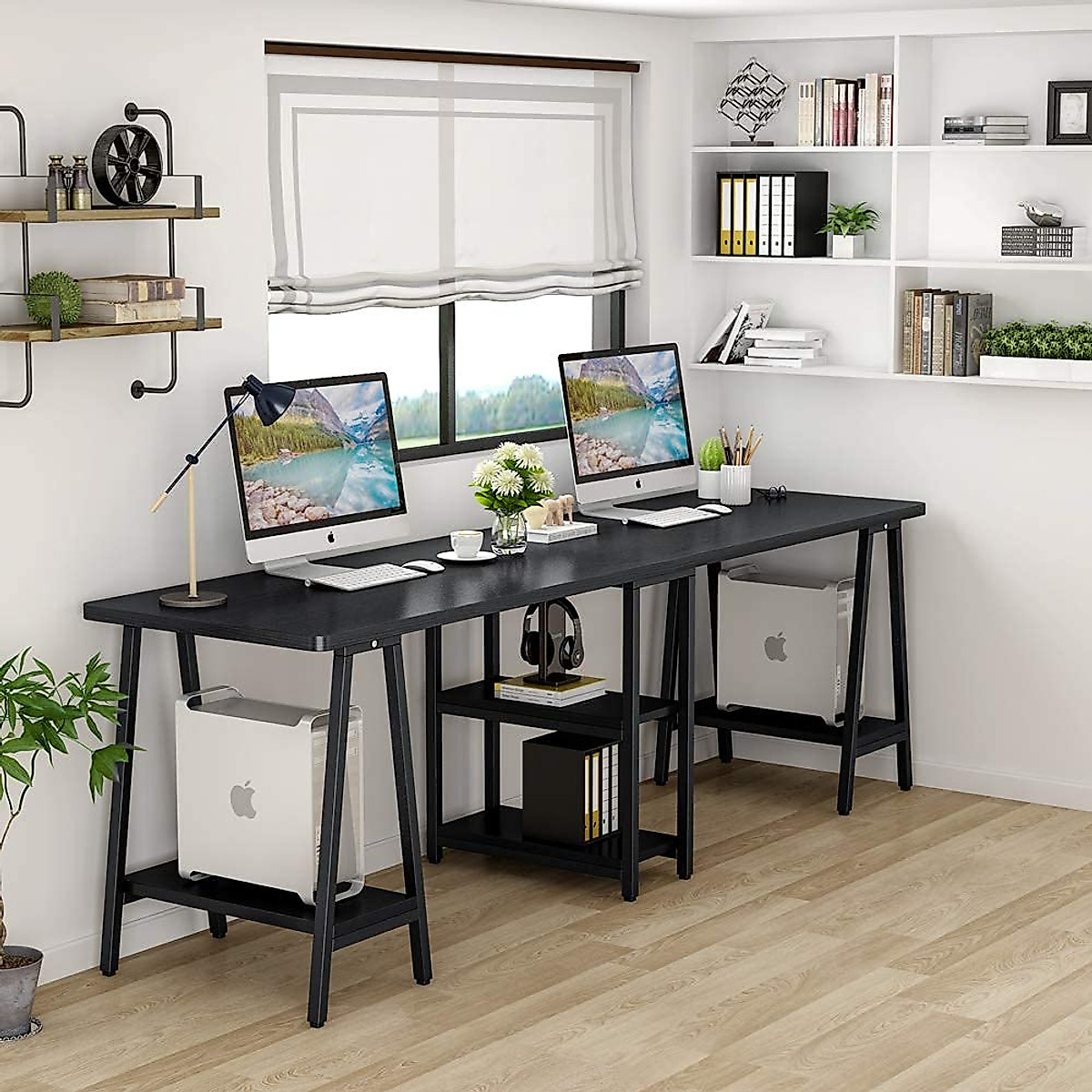 Tribesigns Two Person Desk, 94.5 Inch Double Computer Desk with Storage Shelves, Large Gaming Desk Studying Writing Workstation for Home Office, Black