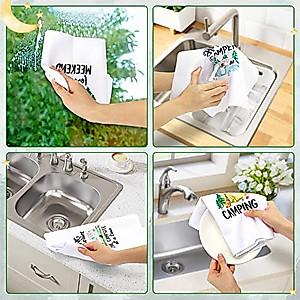 Vansolinne Camping Kitchen Towels Set of 4 Dish Towels White Kitchen Hand Towels Kit Printed with Funny Sayings Novelty Gifts for Campers Happy Camper Camping Accessories for RV Campers