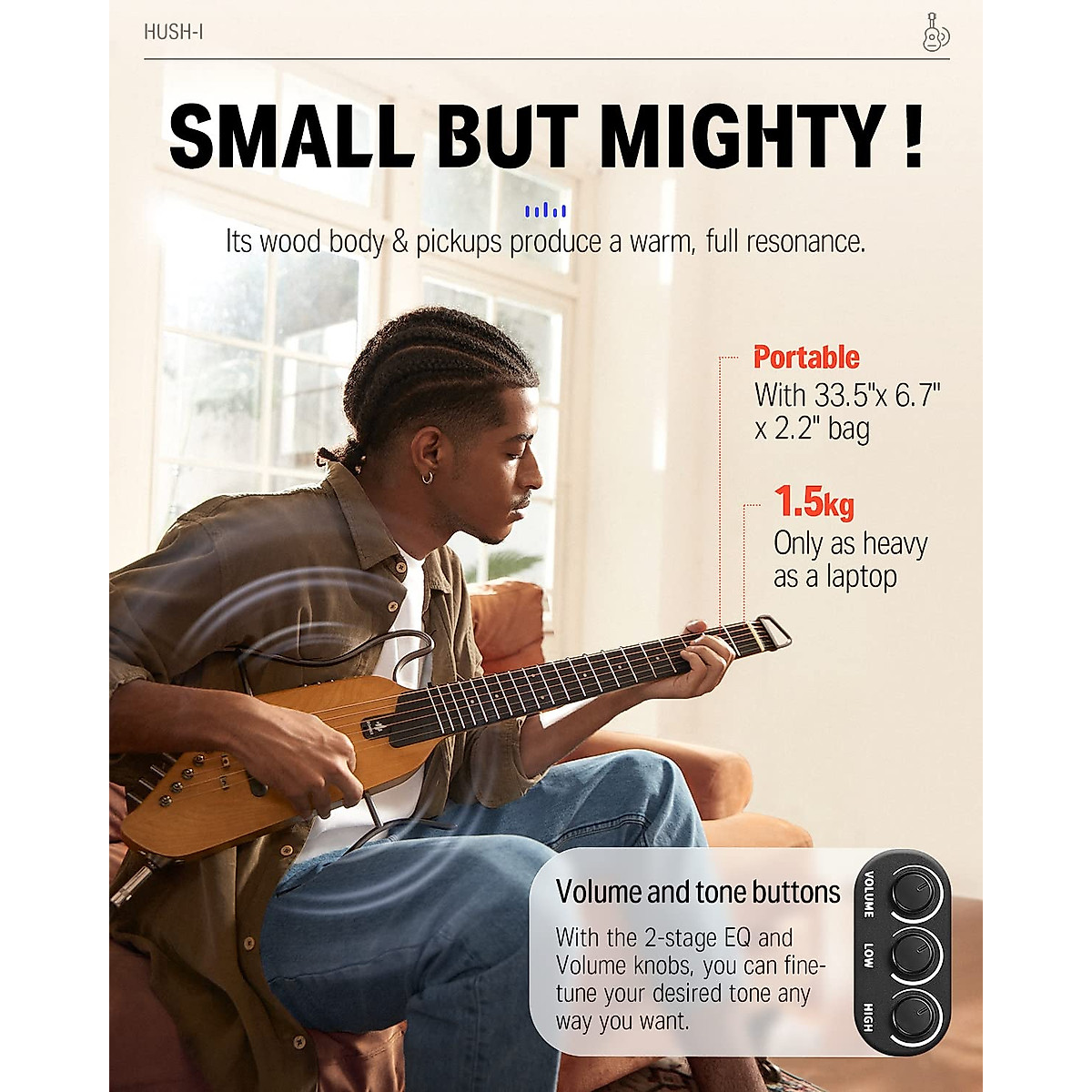 Donner HUSH-I Guitar For Travel - Portable Ultra-Light and Quiet Performance Headless Acoustic-Electric Guitar, Maple Body with Removable Frames, Gig Bag, and Accessories