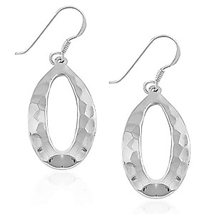 MIMI 925 Sterling Silver Hammered Open Oval Drop Dangle Earrings