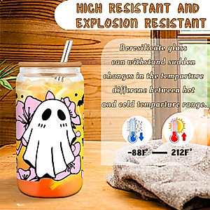 GeoJedrmin Halloween Ghost Cups - 16 oz Glass Cups with Lids and Straws, Halloween Ghost Tumblers Coffee Mugs, Halloween basket, Boo basket stuffers for her, Halloween basket for Women Teen