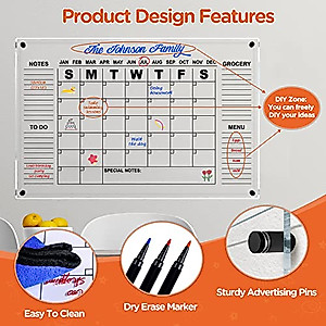 Loiion Large Acrylic Calendar, Personalized Dry Erase Board, Family Calendar 2023 Calendar Reusable Monthly Weekly To Do List, Office, Glass, Custom Calendar Housewarming Gift 22.8”x15.8“