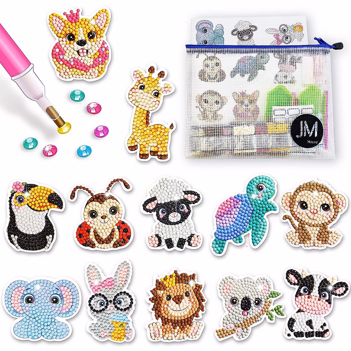 JM House 5D Diamond Painting Stickers Kits for Kids, 12Pcs Animals Gem Diamond Art for Kids,DIY Mosaic Stickers with Dots, Arts and Crafts Best Tween Gifts for Boys and Girls Age 4-6,6-8,8-10
