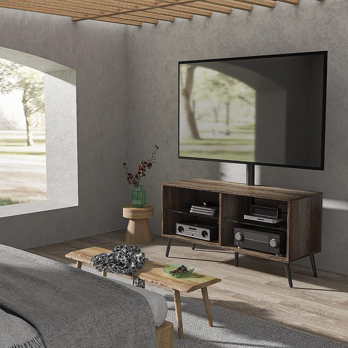 Rfiver Swivel Wood TV Stand with Mount for 32-70 Inch Flat Screen TVs, Entertainment Center with 4-Shelf Storage Cabinet for Media Console, Universal Floor TV Stand Cabinet for Home, Rustic Oak