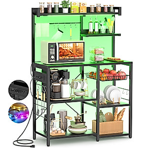 Aheaplus Bakers Rack with Power Outlet and LED Light Strings, Microwave Oven Stand Kitchen Storage Shelf with Wire Basket, Coffee Bar Station Island Table with 10 Hooks for Spices, Pots, Pans, Black