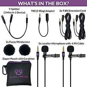 Purple Panda Dual Interview Lavalier Lapel Microphone Kit (2 Pack) for Podcast - Professional Omnidirectional Clip On Lav Mic - Compatible with iPhone, Android, DSLR Camera, Samsung, Zoom, Tascam