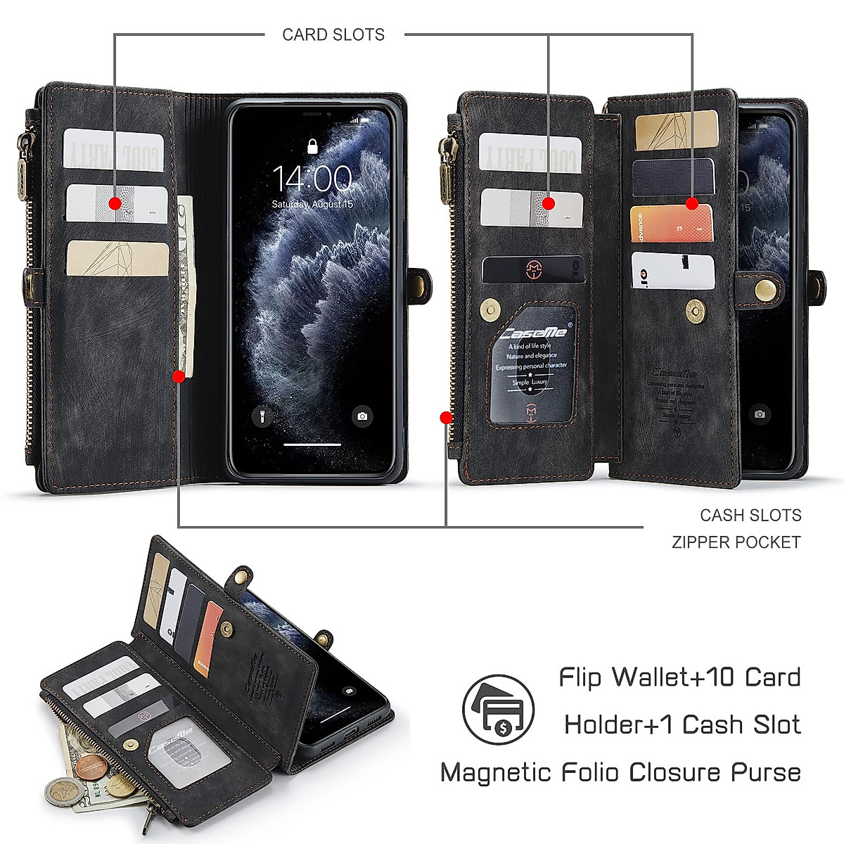 Defencase for iPhone 11 Pro Max Case, for iPhone 11 Pro Max Wallet Case for Women Men, Durable PU Leather Magnetic Flip Strap Zipper Card Holder Phone Case for iPhone 11 Pro Max 6.5-inches, Black