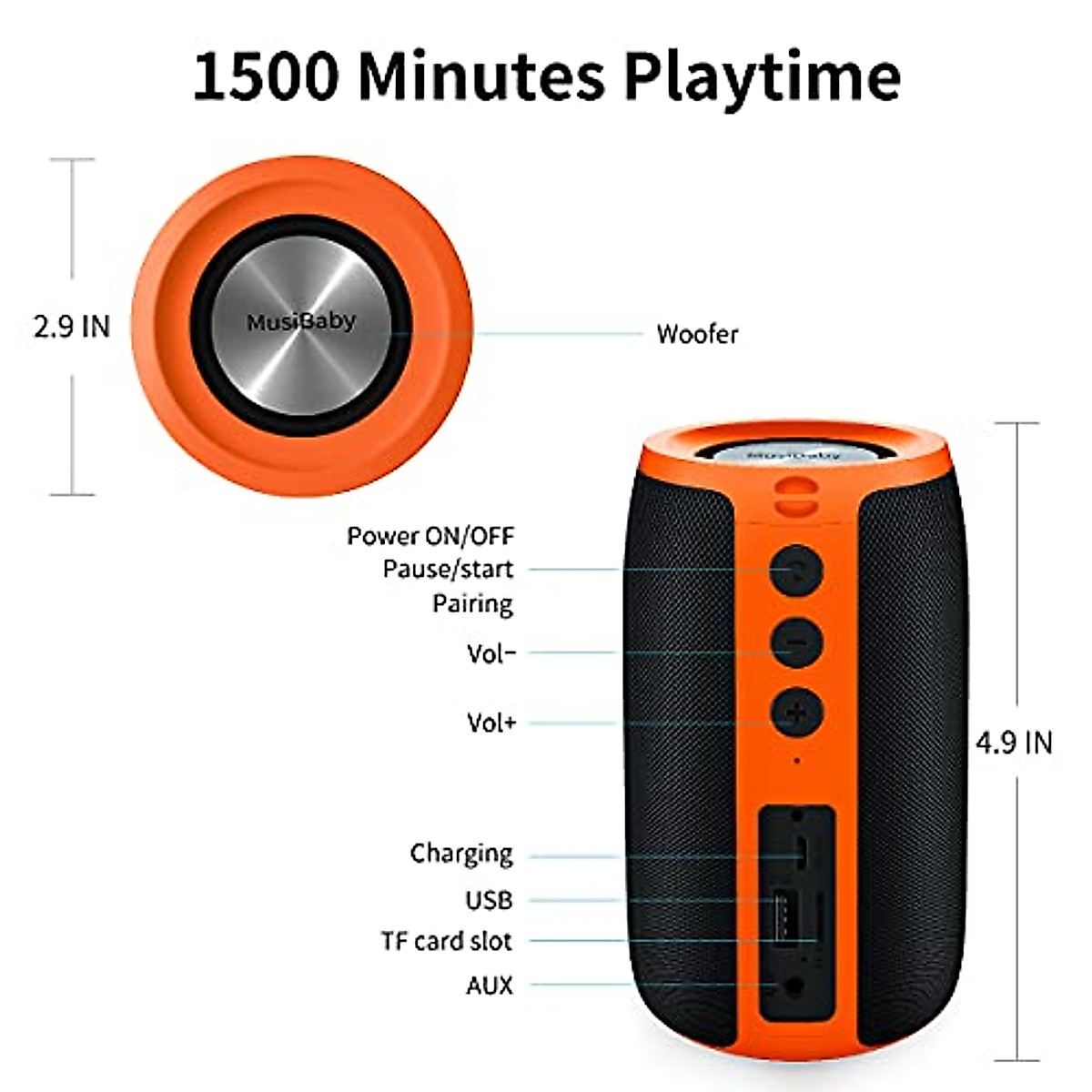 Bluetooth Speakers,MusiBaby Speakers Bluetooth Wireless,Portable,Waterproof,Loud Stereo,Booming Bass,Dual Pairing,Bluetooth 5.0,24H Playtime,Speaker for Home,Party,Outdoor,Gifts (Orange)