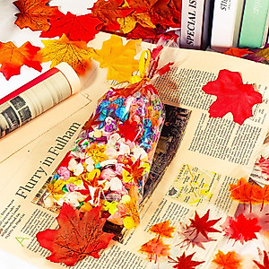 100 Pieces Fall Cellophane Bags Thanksgiving Halloween Party Favor Maple Leaf Cello Autumn Treat Bags with A Roll of Orange Ribbon for Chocolate Candy Cookies and Snacks