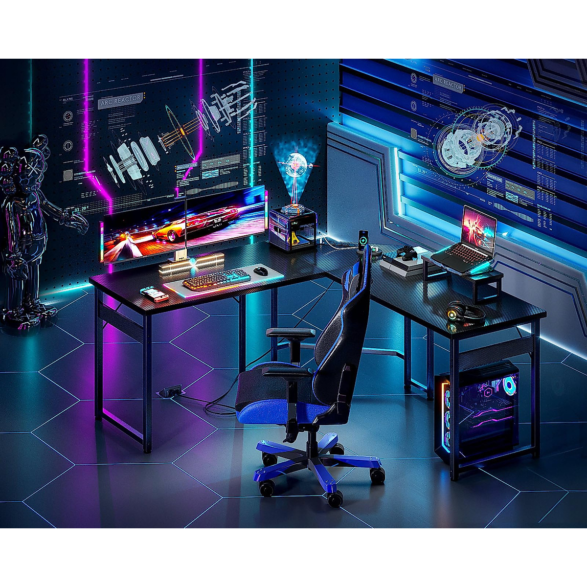 Casaottima 51 inch L Shaped Gaming Desk with Power Outlets and USB Port, Corner Desk Gaming Table with Monitor Stand for Home Office, Computer Desk for Small Space, Carbon Fiber Surface, Black