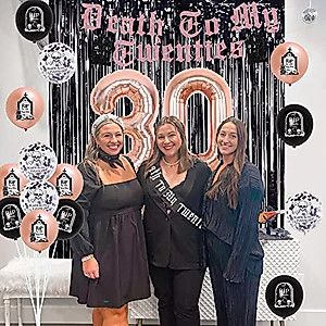 Rip Twenties Birthday Decorations, 30th Birthday Party Supplies for Women Black and Rose Gold, Death to My Twenties Banner Sash Balloons Paper Pom Poms Fringe Curtain