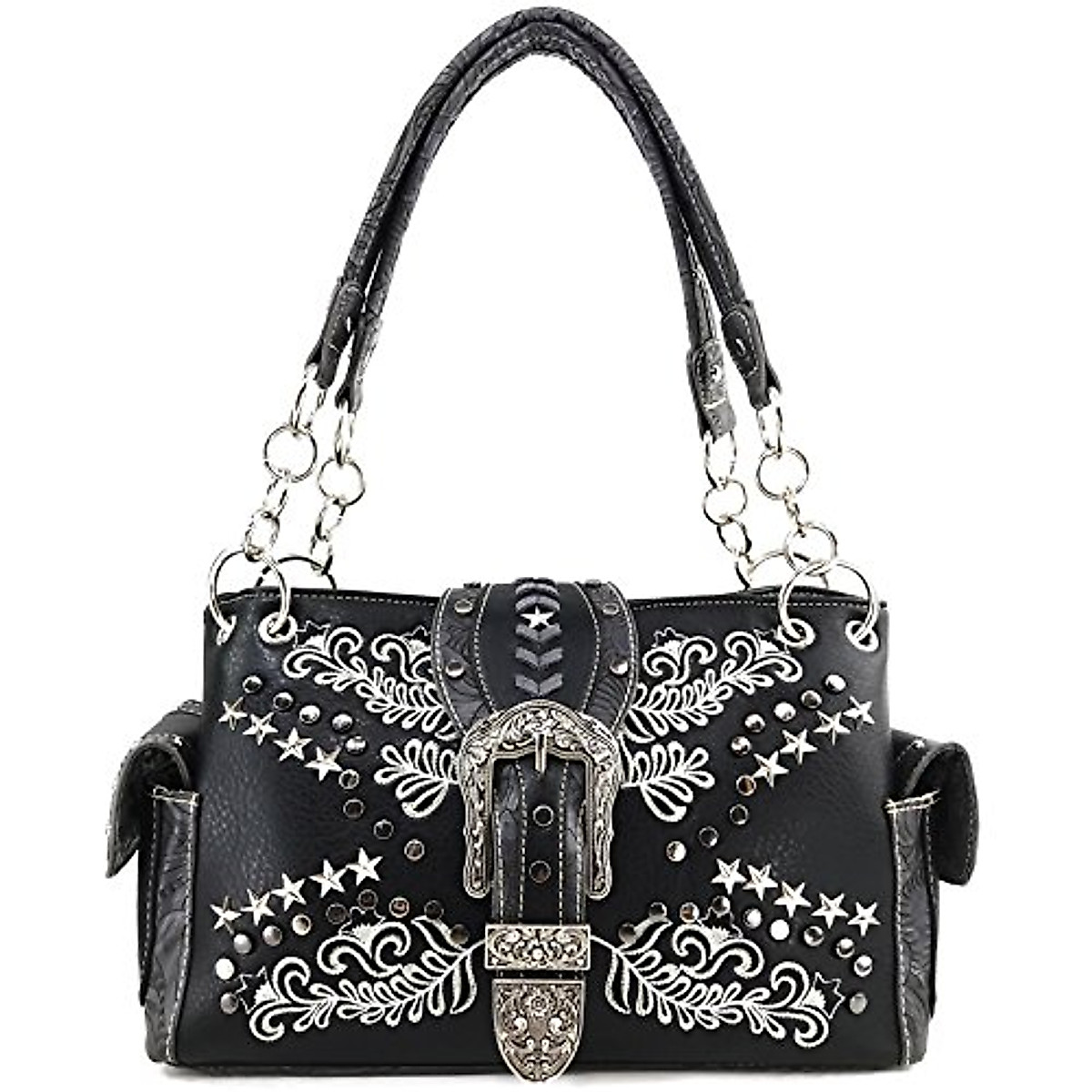 Justin West Buckle Western Floral Damask Embroidery Studs Stars Concealed Carry Handbag Purse (Black Purse Wallet Set)