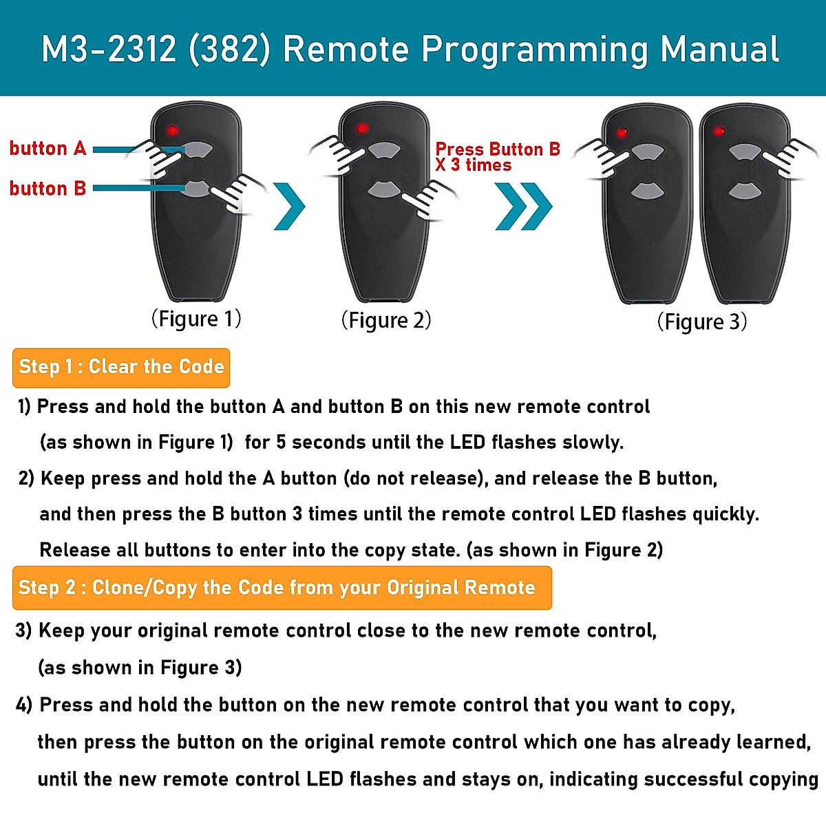 LAWOHO M3-2312 Clone Copy Remote Controls Compatible with Marantec 315MHz Garage Door Openers & Keyless Entry Keypad, for Marantec M4500e, 4700, M55, Martin DC3700e (1 Pcs)