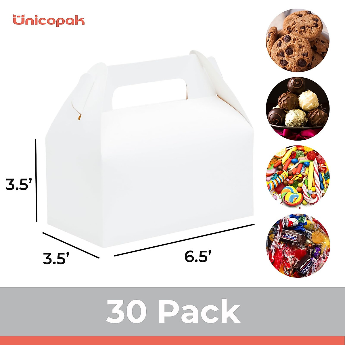 UnicoPak 30 Pcs White Gable Treat Boxes Party Favor Boxes Goodie Gift Boxes for Snacks Cookie Candy Toys Birthday Party Wedding Shower Holidays 6.5x3.5x4 Inches