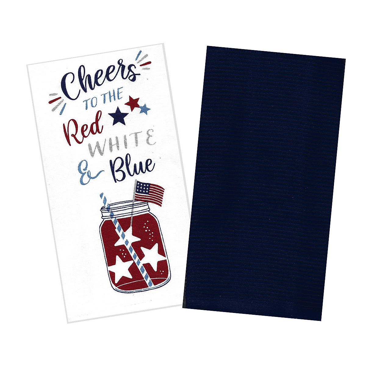 Patriotic Kitchen Towel Set - Red White and Blue Dual Cotton Terry Dishtowel Decorated with Mason Jar Drink, American Flag for 4th of July, Memorial Day,