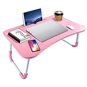 KPX Portable Laptop Bed Table, Fordable Lap Desk with Cup Slot & Notebook Stand Breakfast Bed Trays for Eating and Laptops Book Holder Lap Desk for Floor,Couch, Sofa, Bed, Terrace, Balcony (Pink)