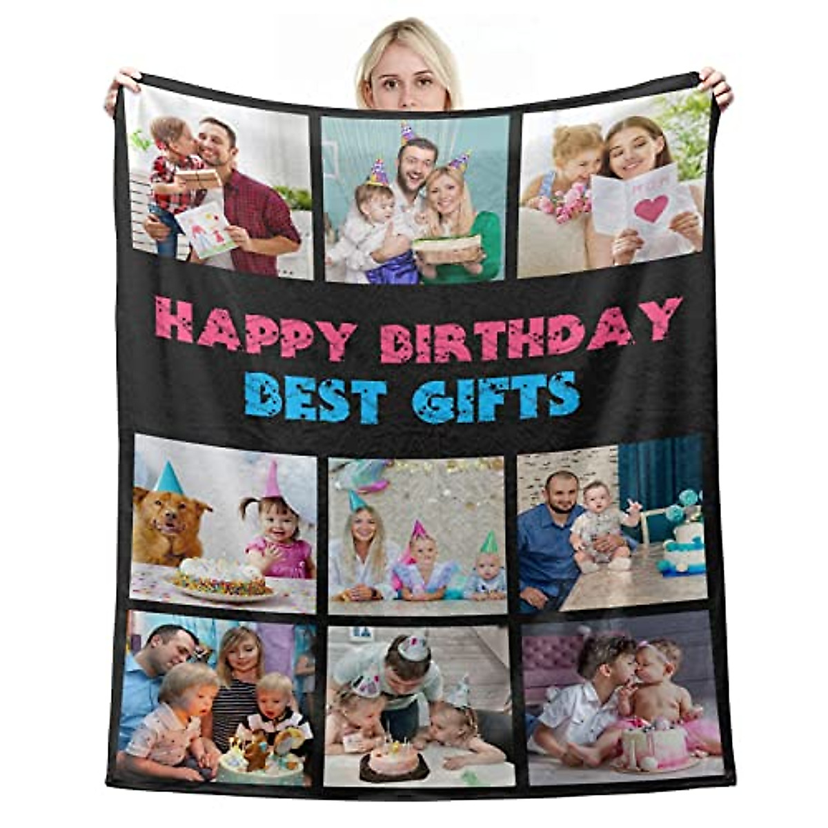 Custom Blanket with Photos Blankets 60'' x 80'' Personalized Picture Collage Name Text Bedding Blanket Birthday Christmas Halloween Valentines Gifts for Adults Kids Mom Family Couples Father