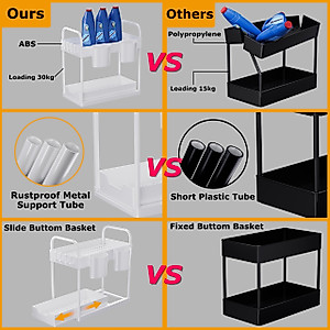 GEMWON Under Sink Organizer, 2 Tier Sliding Bathroom Organizer Cabinet Storage with Hooks, Hanging Cups, Handles, Multi-purpose Under Sink Shelf Organizer for Bathroom Kitchen(2 Pack)