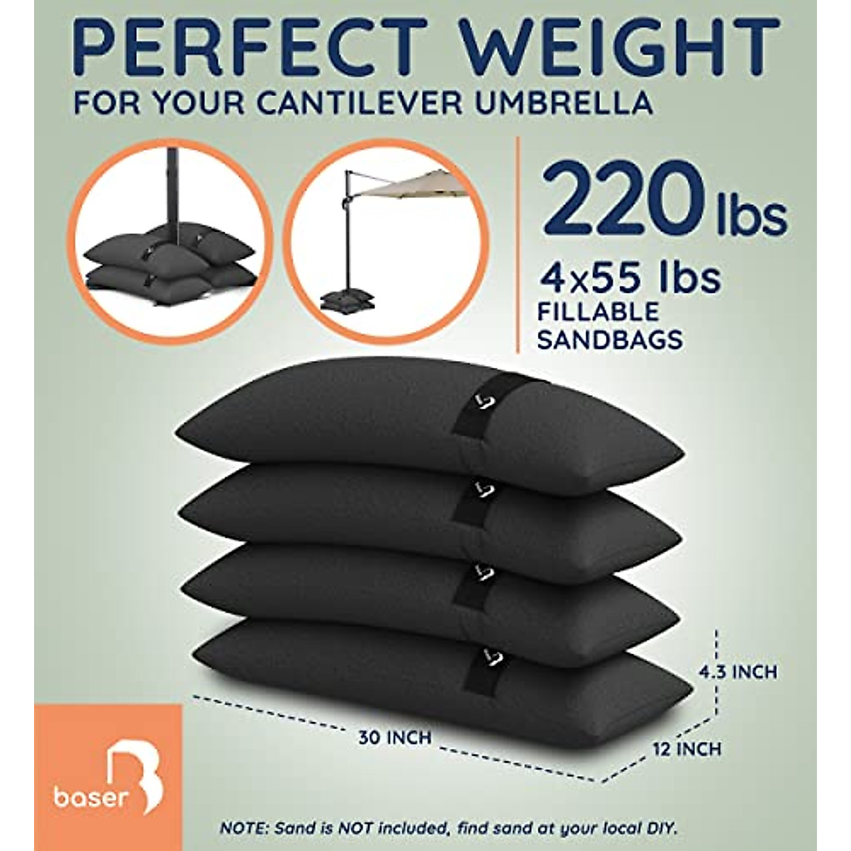 Baser Fillable Straight Sandbags, 4 x 55 LBS fillable Weight Bags for Patio Umbrellas, Cantilevers and Garden Accessories