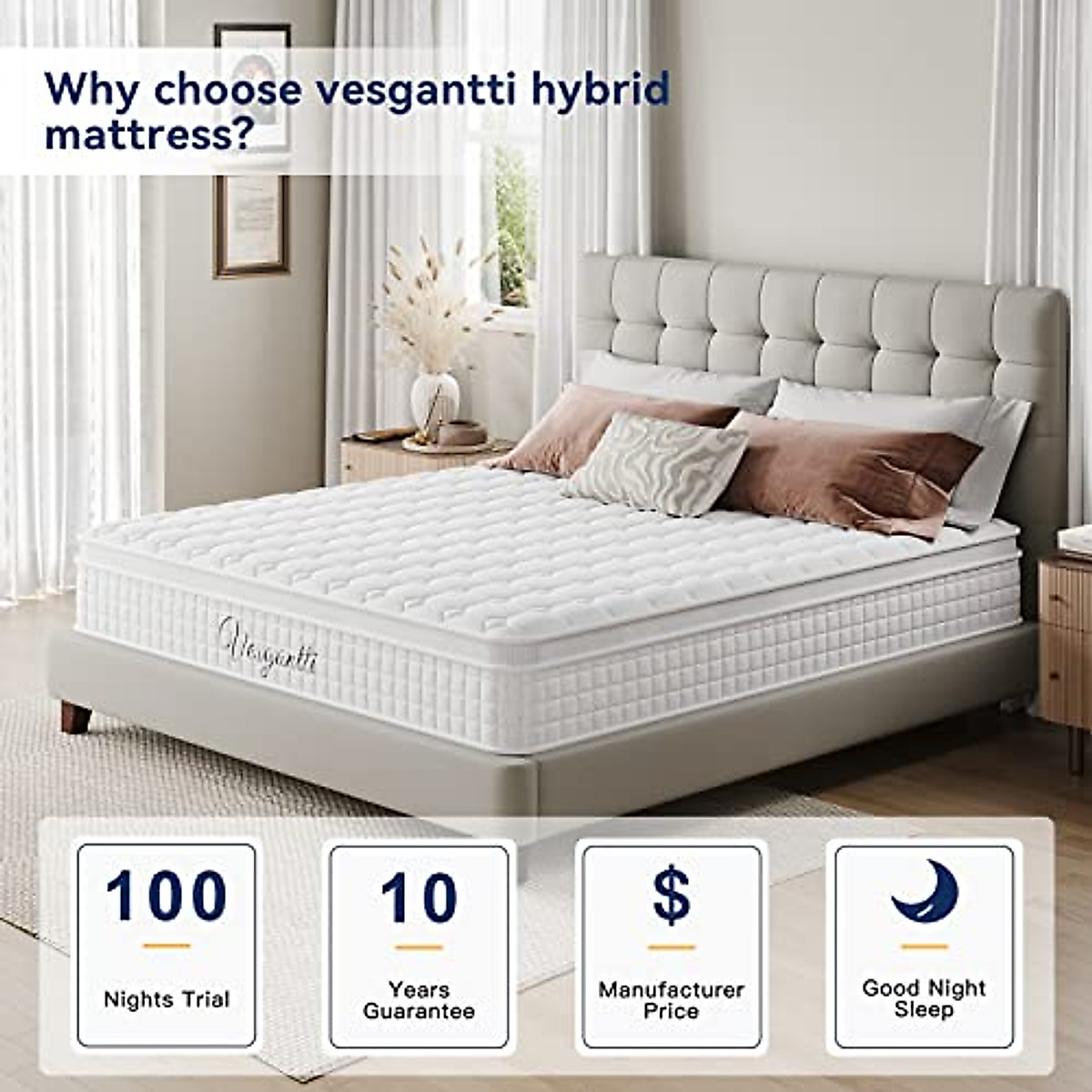 Vesgantti 10 Inch Multilayer Hybrid Queen Mattress - Multiple Sizes & Styles Available, Ergonomic Design with Memory Foam and Pocket Spring, Medium Firm Feel, White