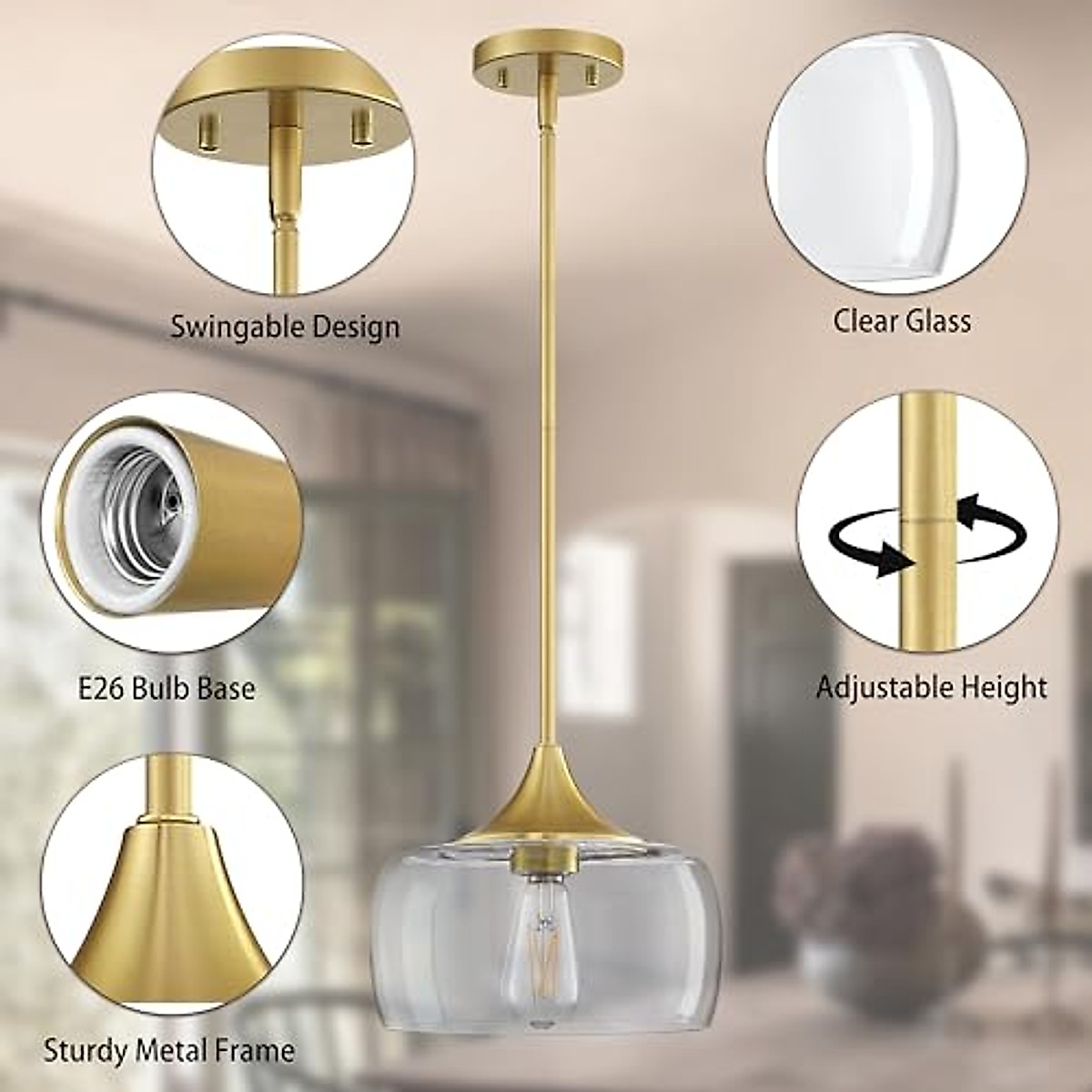 1 Light Semi Flush Mount Ceiling Light Pendant Light Modern Handblown Clear Glass Shade Classic for Farmhouse, Entryway, Dining Room, Kitchen Island (1 Pack, 10" Gold Pendant Light)