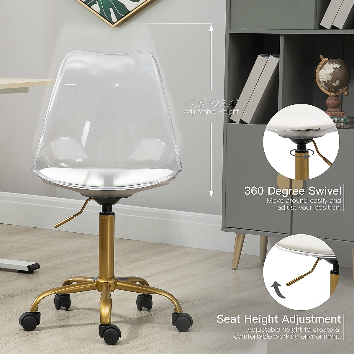 Villeston Acrylic Clear Desk Chair, Modern Small Cute Armless Vanity Rolling Plastic Chair Home Office Lucite Ghost Chairs Cushion Padded with Golden Legs, Clear