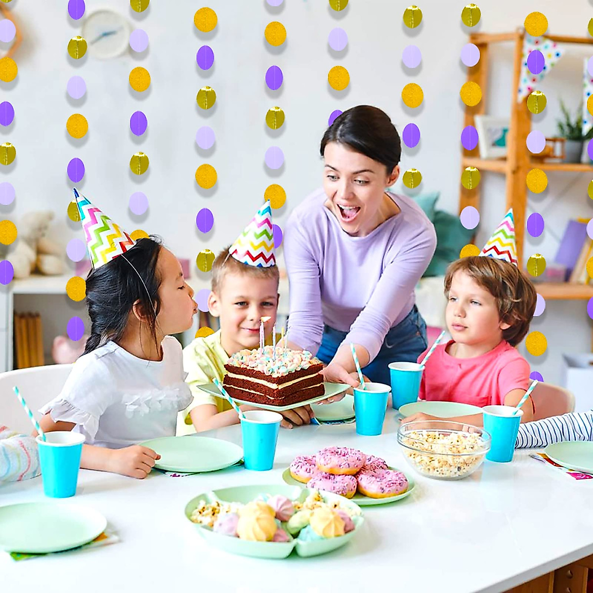 4pcs Purple and gold Garland Circle Dots Party Hanging Decorations for Birthday Wedding, Baby Shower, Classroom Candyland purple