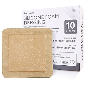 LotFancy Silicone Foam Dressing, 6"x 6" (4.3" x 4.3" Pad), 10 Count, Wound Dressing with Border, Bed Sores, Pressure Ulcers Healing Bandage Pad, Highly Absorbent, Waterproof