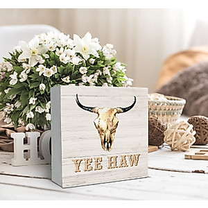 SRADMO Yee Haw Retro Western Bull Head Skull Wood Box Sign Desk Decor，Retro Western Cowboy Cowgirl Rodeo Theme Wooden Block Box Sign Decoration For Western Home Office Shelf Table Decor