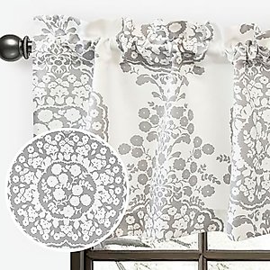 DriftAway Damask Curtains Valances for Windows Farmhouse Style Floral Medallion Patterned Samantha Kitchen Bedroom Livingroom Valance Curtain Single 52 Inch by 18 Inch Plus 2 Inch Header Gray