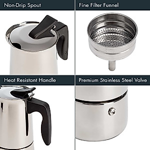 Primula Stainless Steel Stovetop Espresso Coffee Maker, 4-Cup, 3.5"D x 5"W x 7"H, Black Handle