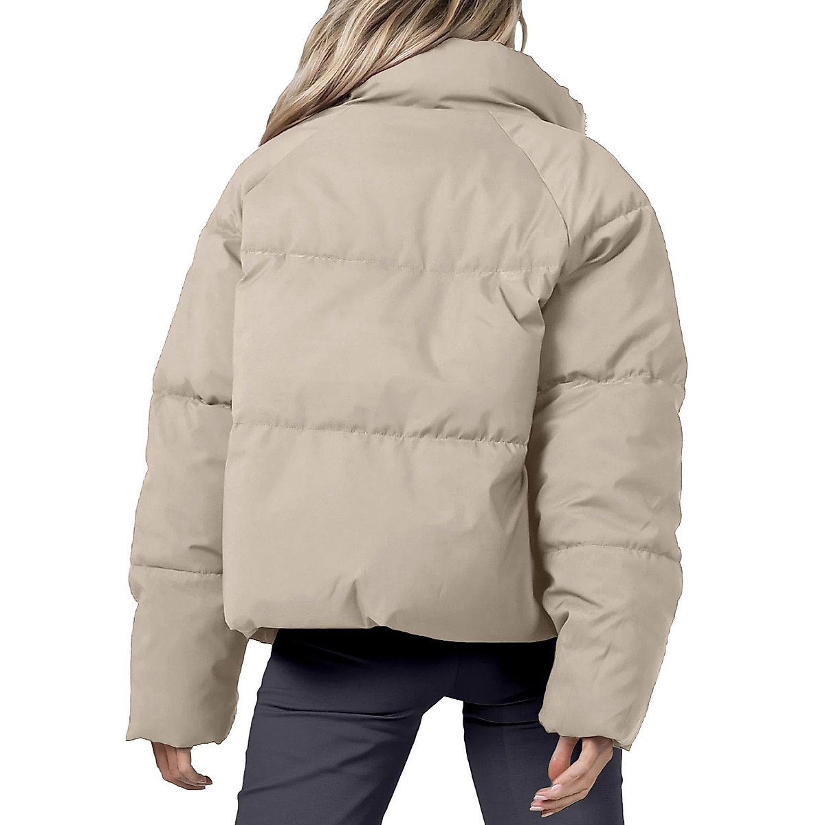 URMOSS Women's 2024 Winter Cropped Puffer Jacket Long Sleeve Stand Collar Oversize Lightweight Zip Up Short Down Coat with Pockets(Khaki,M)