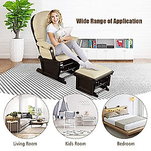 Costzon Baby Glider and Ottoman Cushion Set, Wood Baby Rocker Nursery Furniture for Napping, Nursing, Reading, Upholstered Comfort Nursery Chair w/Padded Armrests & Detachable Cushion (Beige)