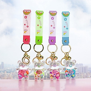 WIMETI Kawaii Keychain Bear Liquid Floating Quicksand Cute Keychains Bag Charm Wristlet Bracelet Key Ring for Women Girl (Pink)