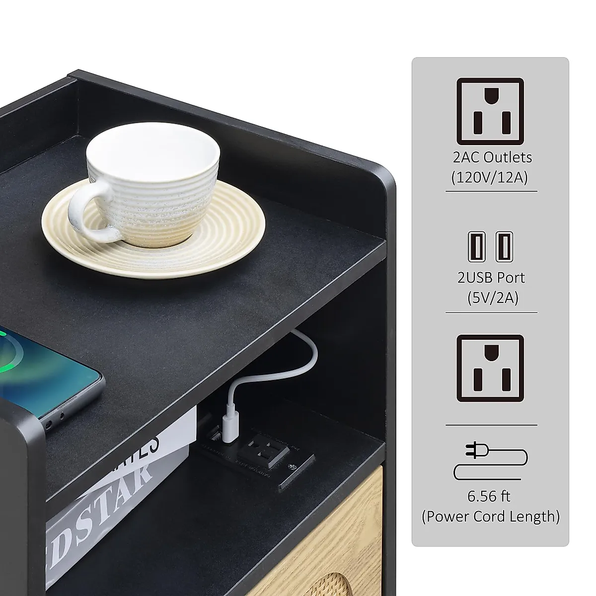 Lomojo Rattan Nightstand Set of 2, Bedside Table with Charging Station, Modern Night Stand,Wood Boho Side Table,Mid Century Small End Table with Drawer for Bedroom (black2)