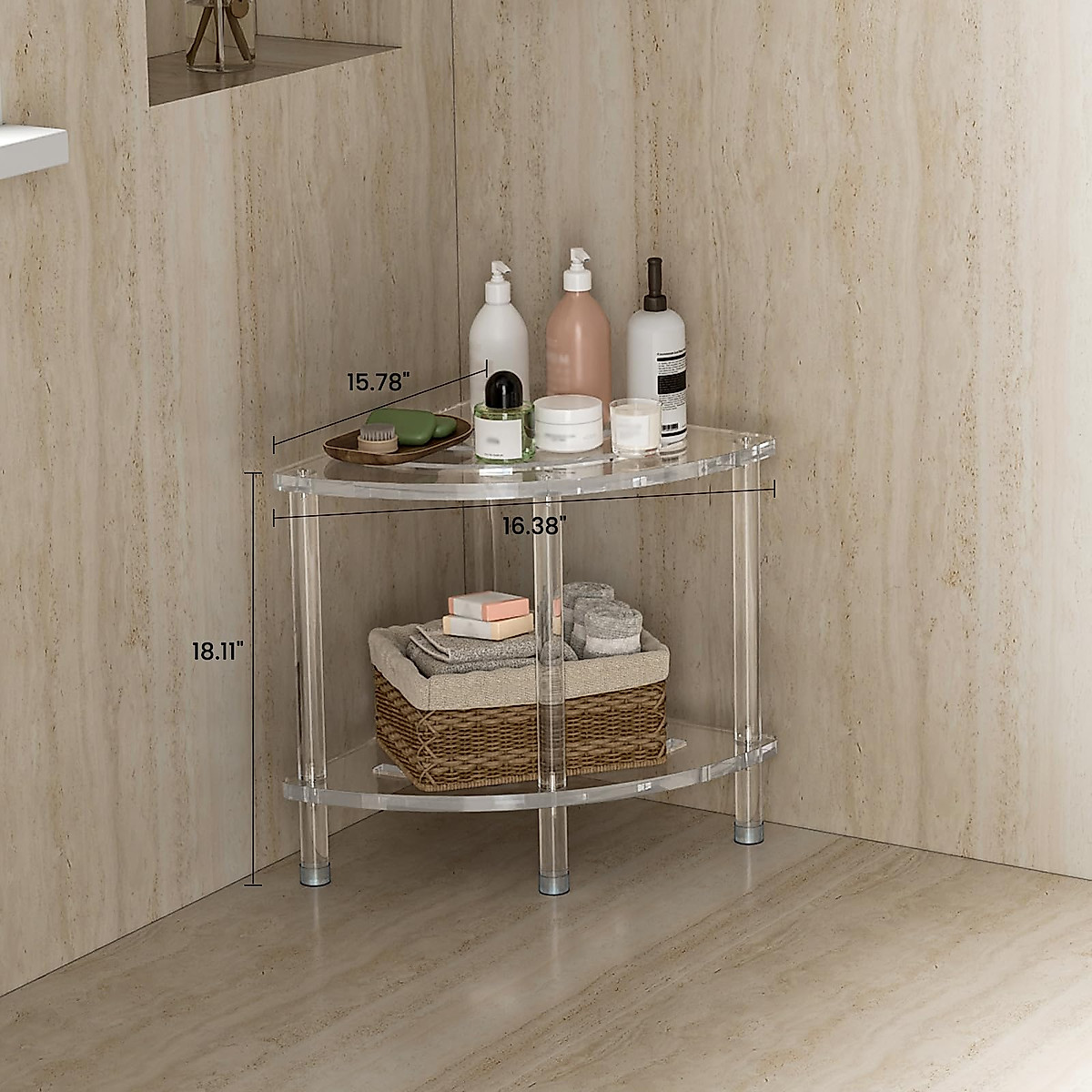 Sumerflos Acrylic Corner Shower Stool for Inside Shower - Clear Shower Bench With Storage Shelf for Shaving Legs Heavy Duty Waterproof Non-Slip Easy Assemble Modern