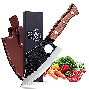Purple Dragon Meat Cleaver Boning Knife Hand Forged Butcher Chef Knife Fillet Knife High Carbon Steel Full Tang with Leather Sheath Outdoor Knife for Kitchen Camping BBQ