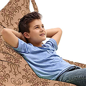 Ambesonne Autumn Damask Lounger Chair Bag, Vintage Theme Repeated Flower Shapes in Pastel Tones Art Print, High Capacity Storage with Handle Container, Lounger Size, Almond and Pale Caramel