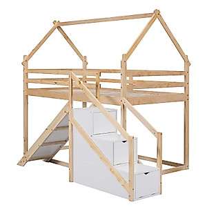 Harper & Bright Designs Twin Over Twin Bunk Bed with Slide and Staircase, House Bunk Bed for Kids, Wood Loft/Bunk Bed Frame with Storage for Kids Teens Boys Girls, (Natural)