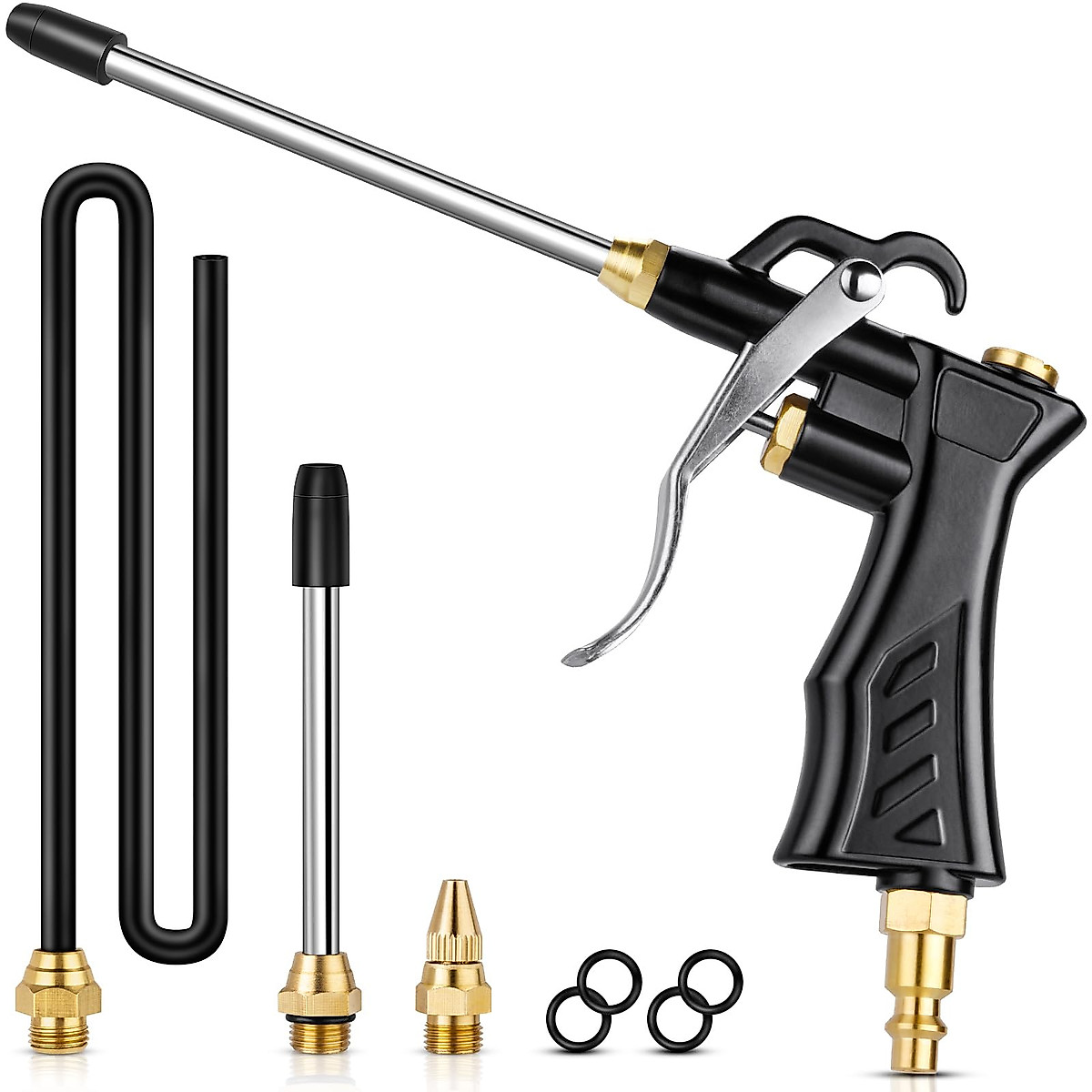 High Volume Air Blow Gun with Brass Adjustable Air Nozzle, Industrial Air Blower Gun with 2 pcs Steel Extensions and 13.7 Inch Universal Blow Hose, Pneumatic Air Gun Air Compressor Accessories Tool