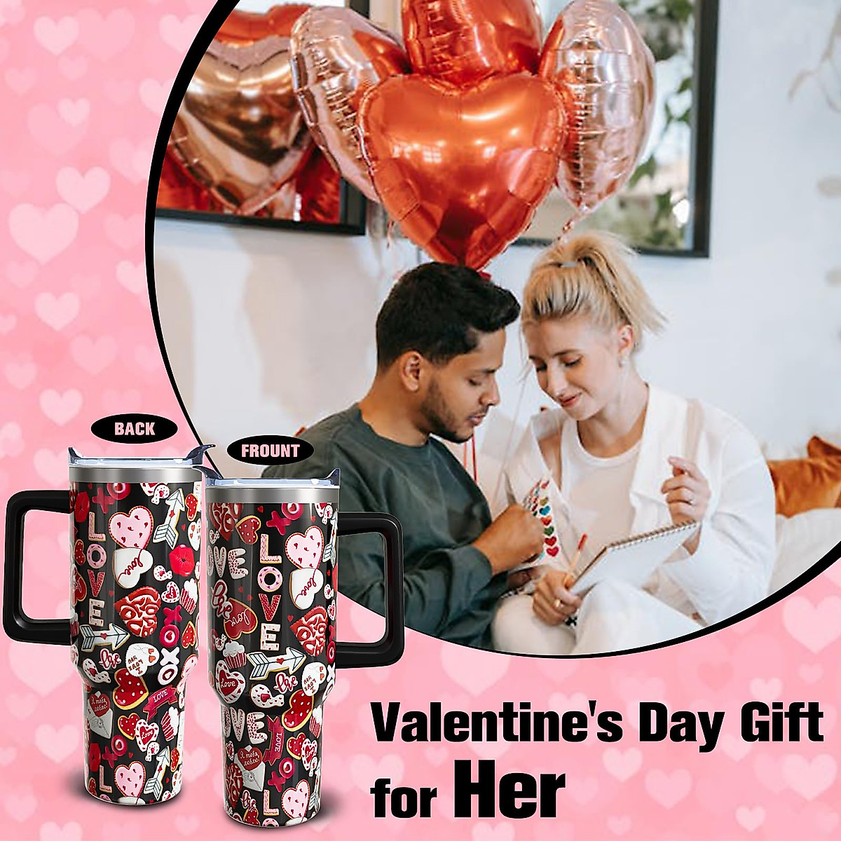 owbgsdh 40 oz Heart Tumblers with Handle and Straw, Heart 40oz Stainless Steel Vacuum Insulated Travel Coffee Mug Cup Water Bottle, Stuff Accessories Gifts for Women