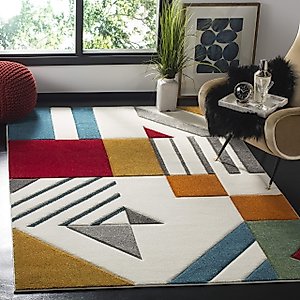 SAFAVIEH Hollywood Collection Area Rug - 5'3" x 7'6", Ivory & Peacock Blue, Mid-Century Modern Design, Non-Shedding & Easy Care, Ideal for High Traffic Areas in Living Room, Bedroom (HLW709B)